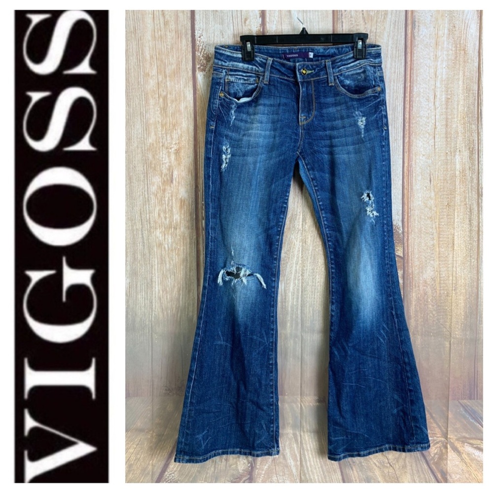 Vigoss Low Rise Flare Leg Distressed Denim Jean Size 5 - Gem